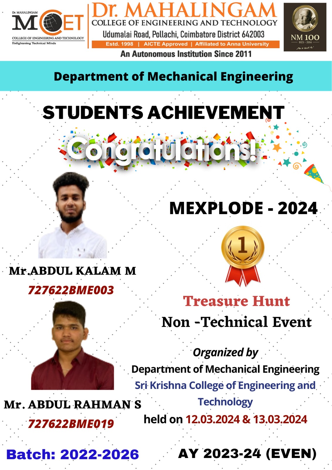Congratulations - Dr. Mahalingam College of Engineering and Technology ...